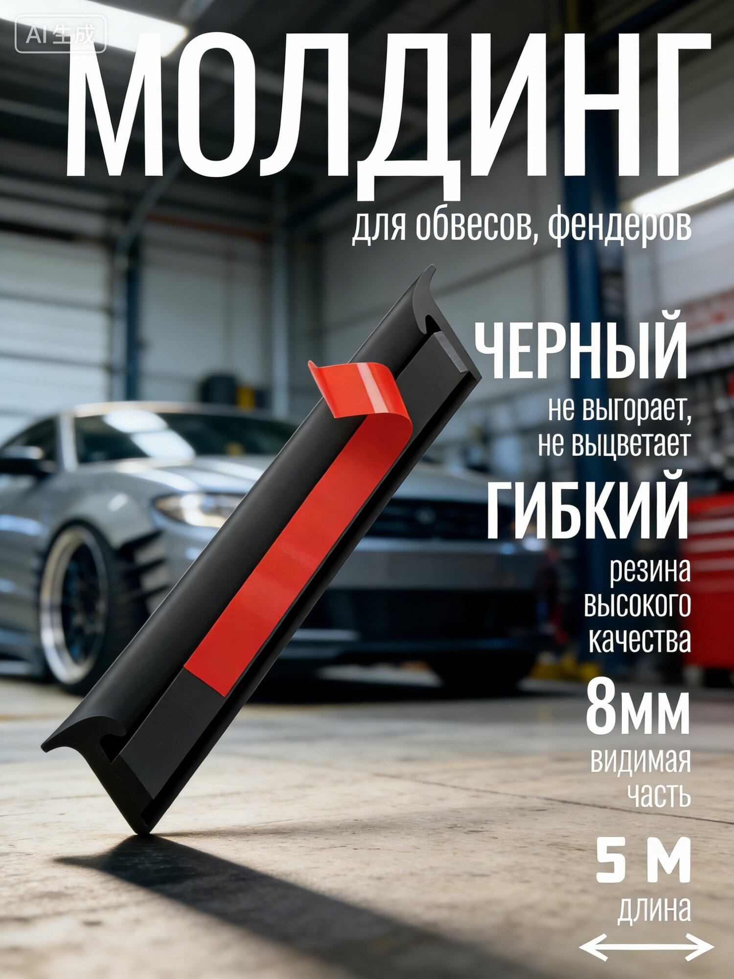 Уплотнитель-молдинг для обвесов 8 мм, черный 5 м с двусторонним скотчем для скрытия зазоров между кузовом и обвесом