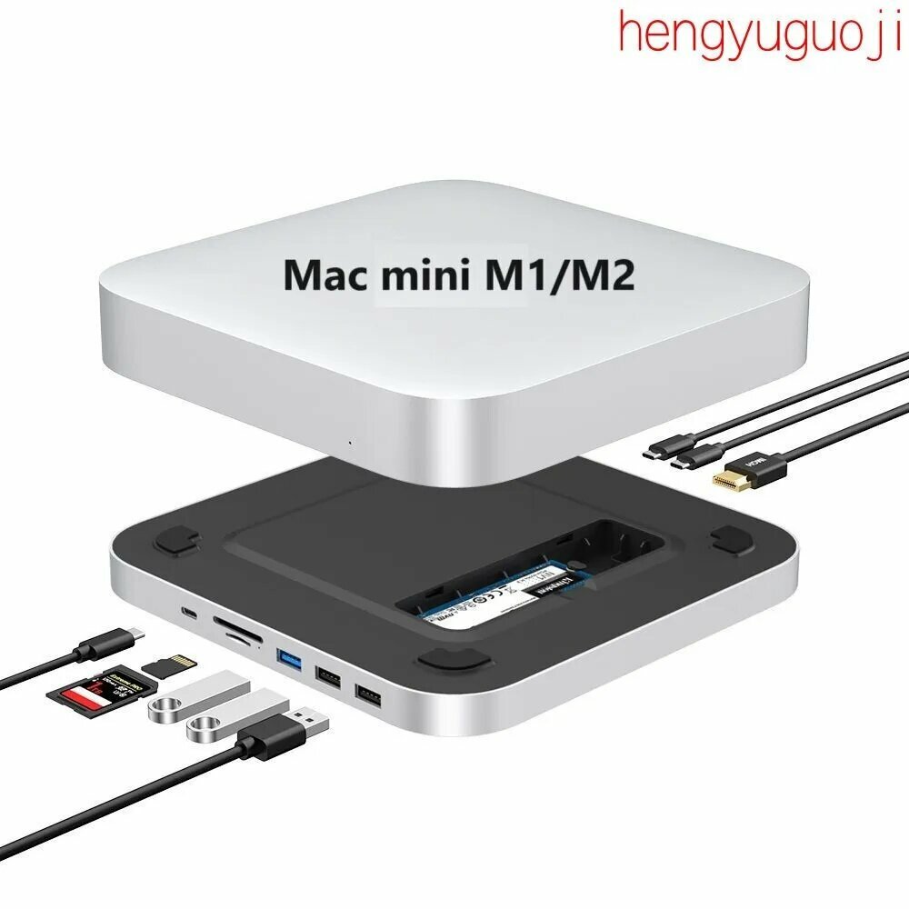 Qwiizlab USB Hub type c для Mac mini M2/М1 Mac Studio Dock Station 4K@60Hz HDMI M.2 SSD Enclosure 10Gbps NVME NGFF 2230/2242/2260/2280