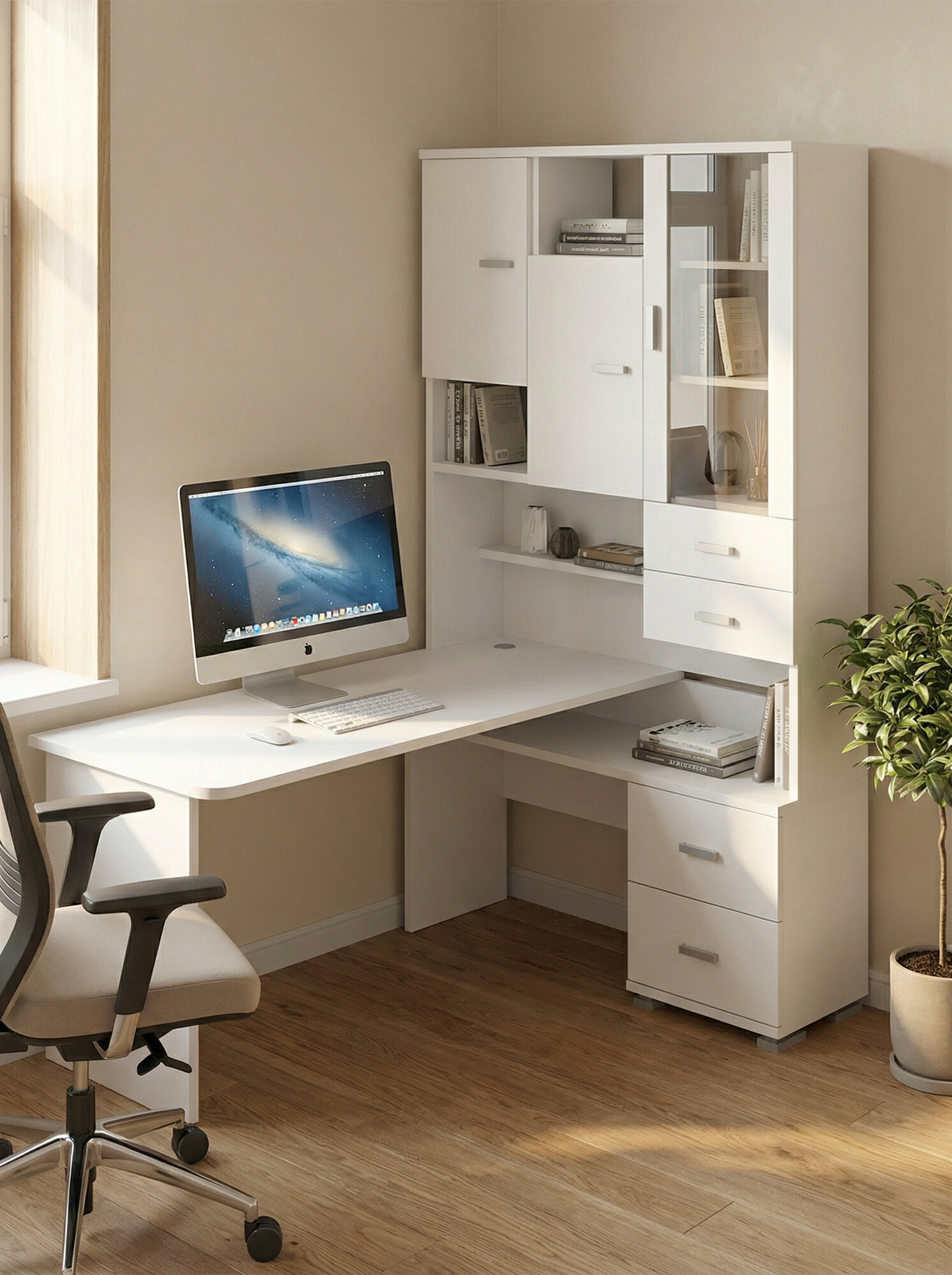 Стол компьютерный Мэрдэс СР-620/160 бе-прав Белый, угловой, с ящиками, с полками, 130х160х216 см