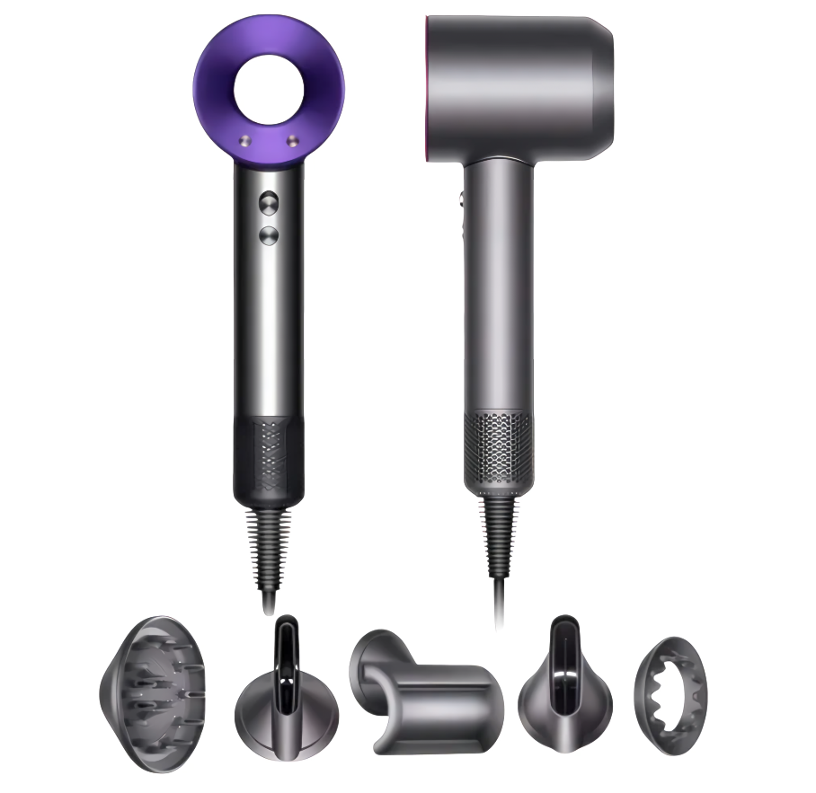 Фен для волос профессиональный/ Супер фен для укладки волос/ 5 магнитных насадок/ ионизация/ Silver/ Purple