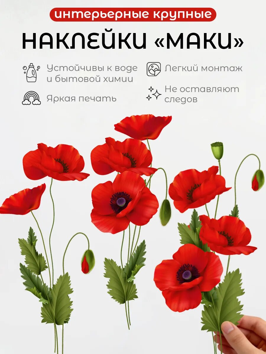 Наклейка интерьерная на стену, холодильник, мебель цветы Маки большие