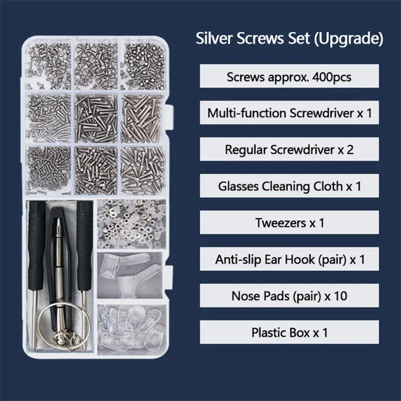 Набор для ремонта очков, 400 винтов, Upgrade Silver Screw