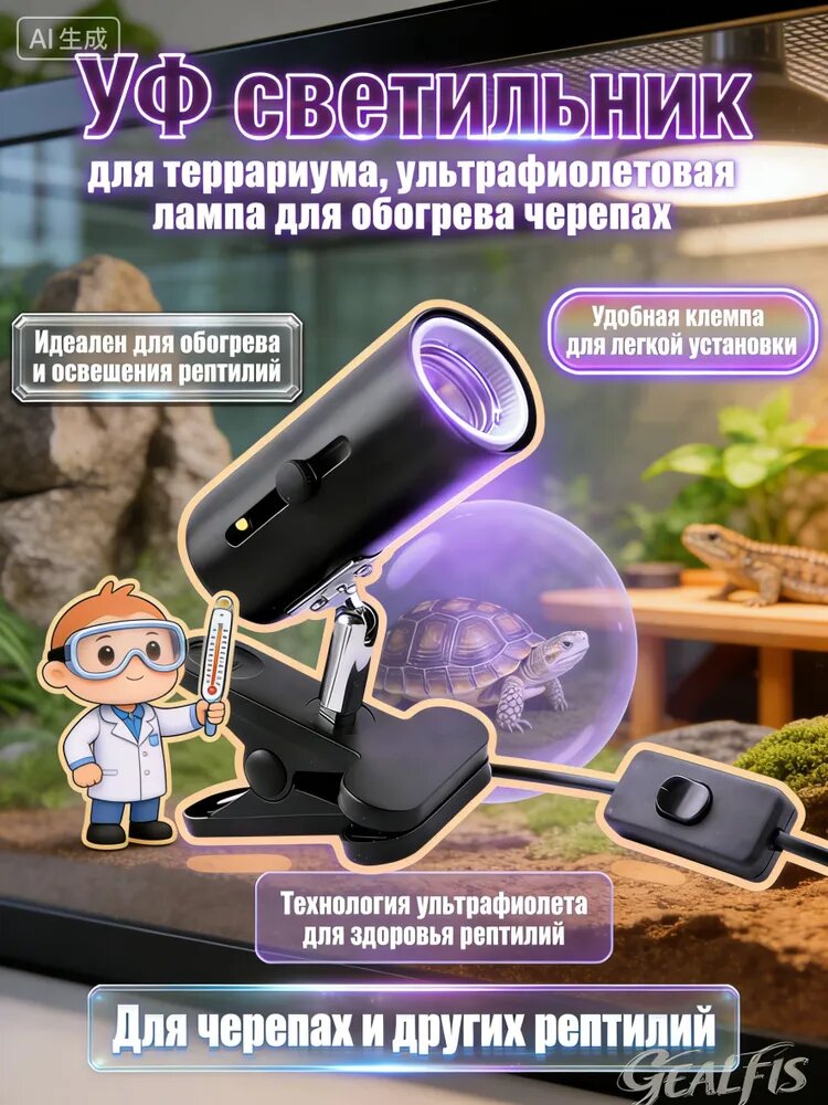 УФ светильник для террариума, ультрафиолетовая лампа на прищепке для обогрева черепах и других рептилий