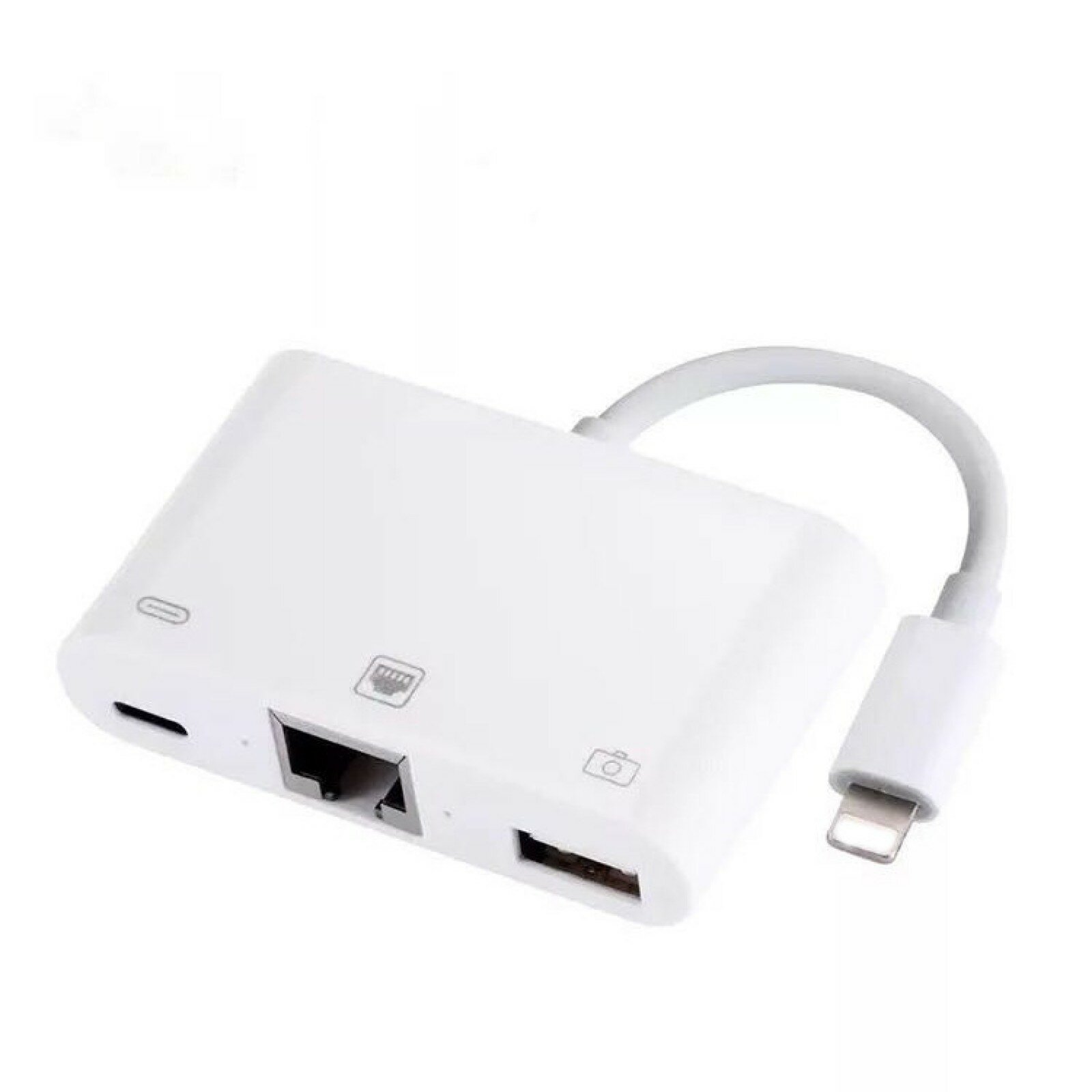 Проводная сетевая карта MyPads с разветвителем Lighting(m) на USB(f), Lighting(f), USB(f) и RJ45 Ethernet