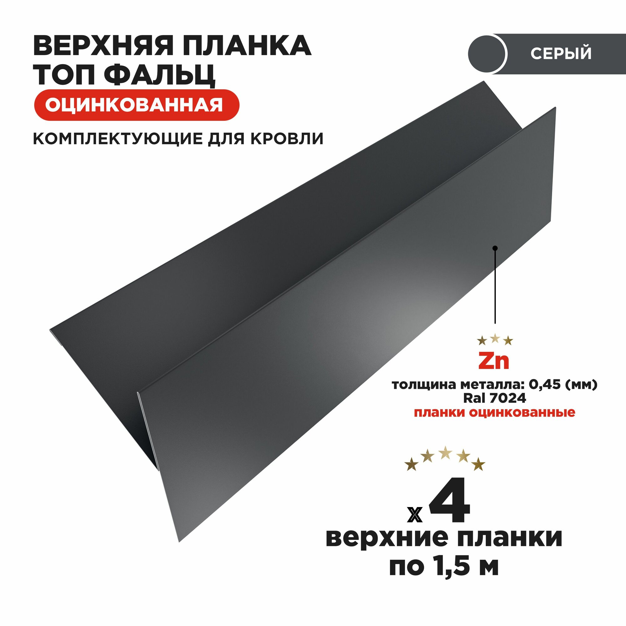 Верхняя планка для фальцевой кровли топфальц. 4 штуки в комплекте. Длина 1.5м. RAL 7024 Серый графит