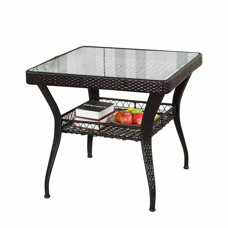 Круглый садовый столик 60×60×60 см из закалённого стекла с полкой, имитация ротанга — для балкона и террасы, и дома