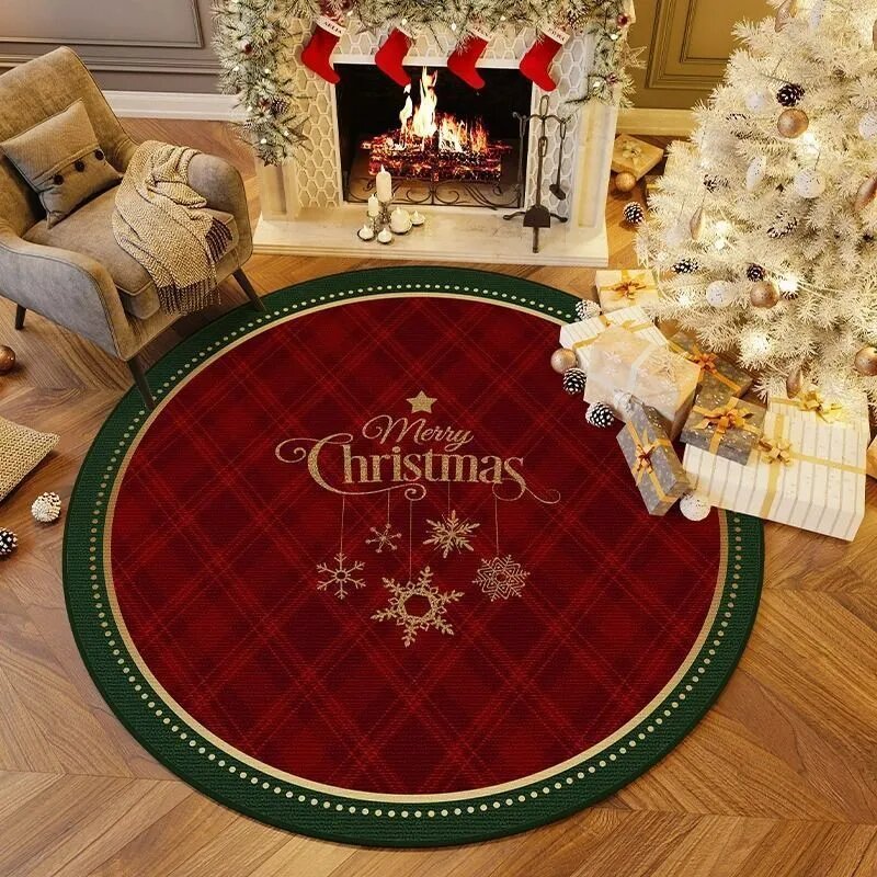 Ковер новогодний круглый 60 см красный для дома и праздника с узором Merry Christmas