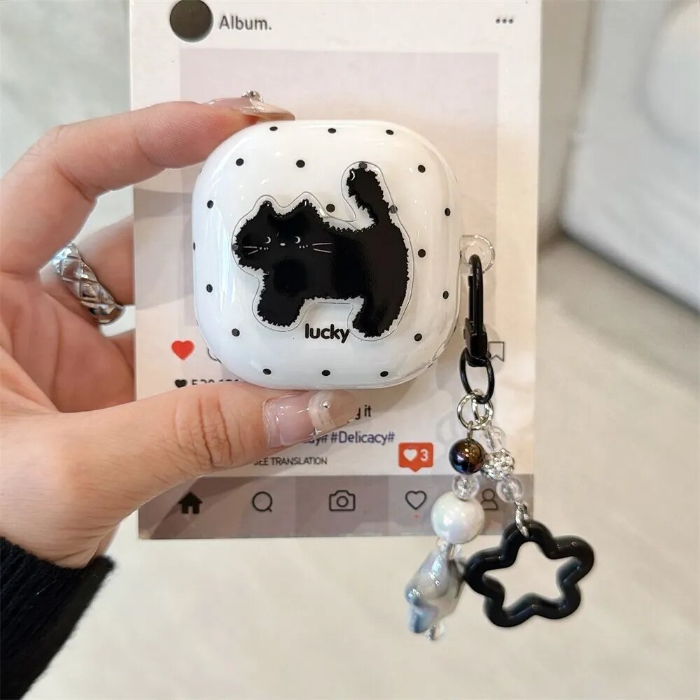 Чехол для наушников Samsung Galaxy Buds 2/Live/Pro/2 Pro/FE/Core из твердого силикона с акриловым принтом кошки и звездочным брелком