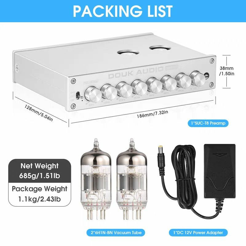 Douk Audio T8PRO HiFi 7-полосный эквалайзер, ламповый сбалансированный XLR стерео RCA предусилитель с регулировкой тембра для настольного динамика, Серебро