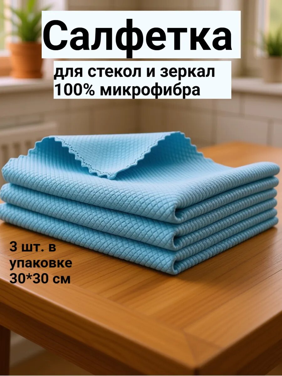 Салфетки для стекол и зеркал из микрофибры, 30*30 см, 3 шт.