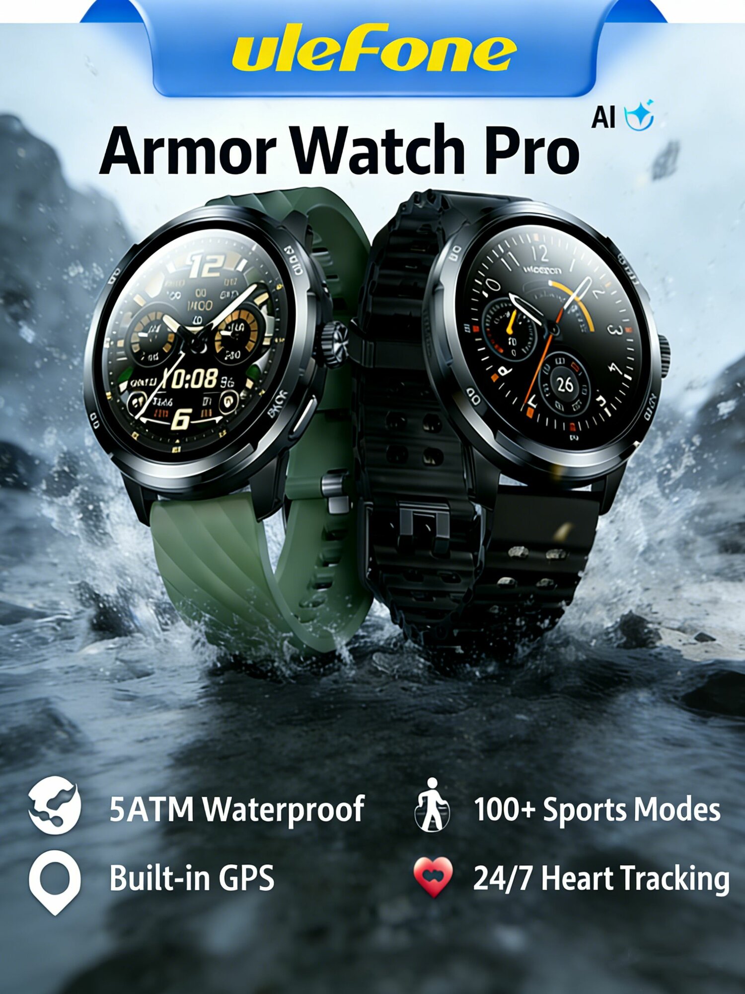 ULEFONE Смарт-часы Armor Watch Pro Прочные часы c Цветной сенсорный экран AMOLED с диагональю 1.50 и Bluetooth 5.3, Armor Watch Pro
