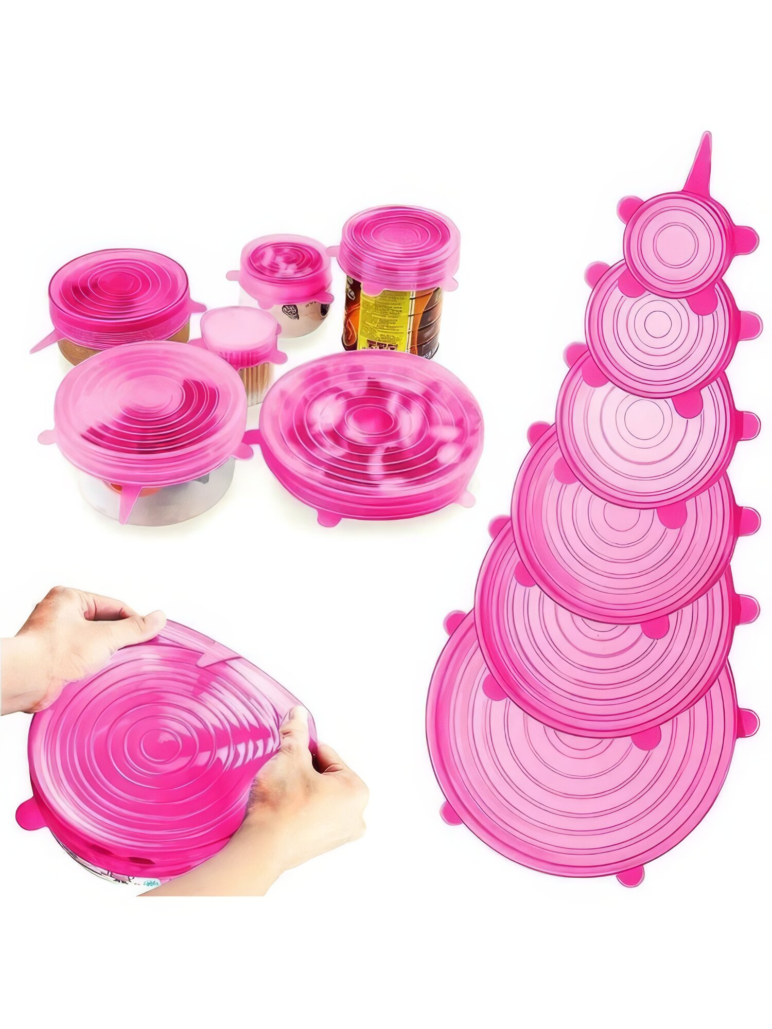 Набор крышек универсальных растягивающихся, розовых, 6,5/9,5/11,5/14,5/16,5/21 см, 6 штук