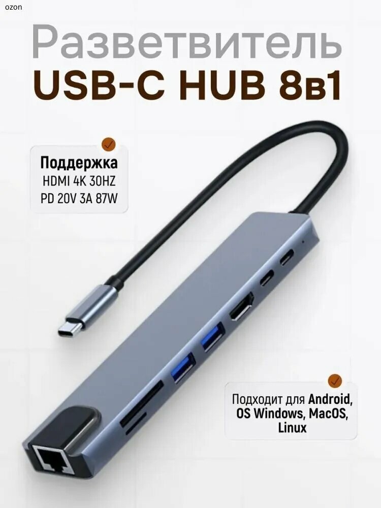 USB hub разветвитель переходник type-c 8 в 1 HDMI