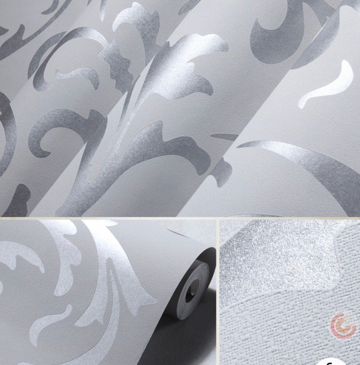 Обои из винила с цветочным узором Damask Silver, серебристые серый, 9.5 м x 0,53 м 2 штуки Общая длина 19 м
