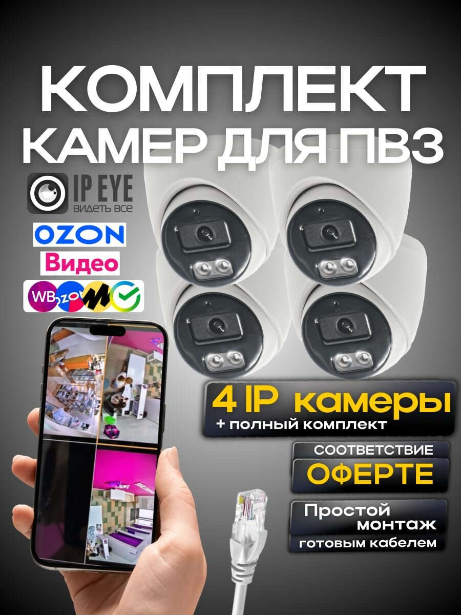 Комплект IP видеонаблюдения для ПВЗ с поддержкой OzonВидео, с записью в облако, 4 камеры