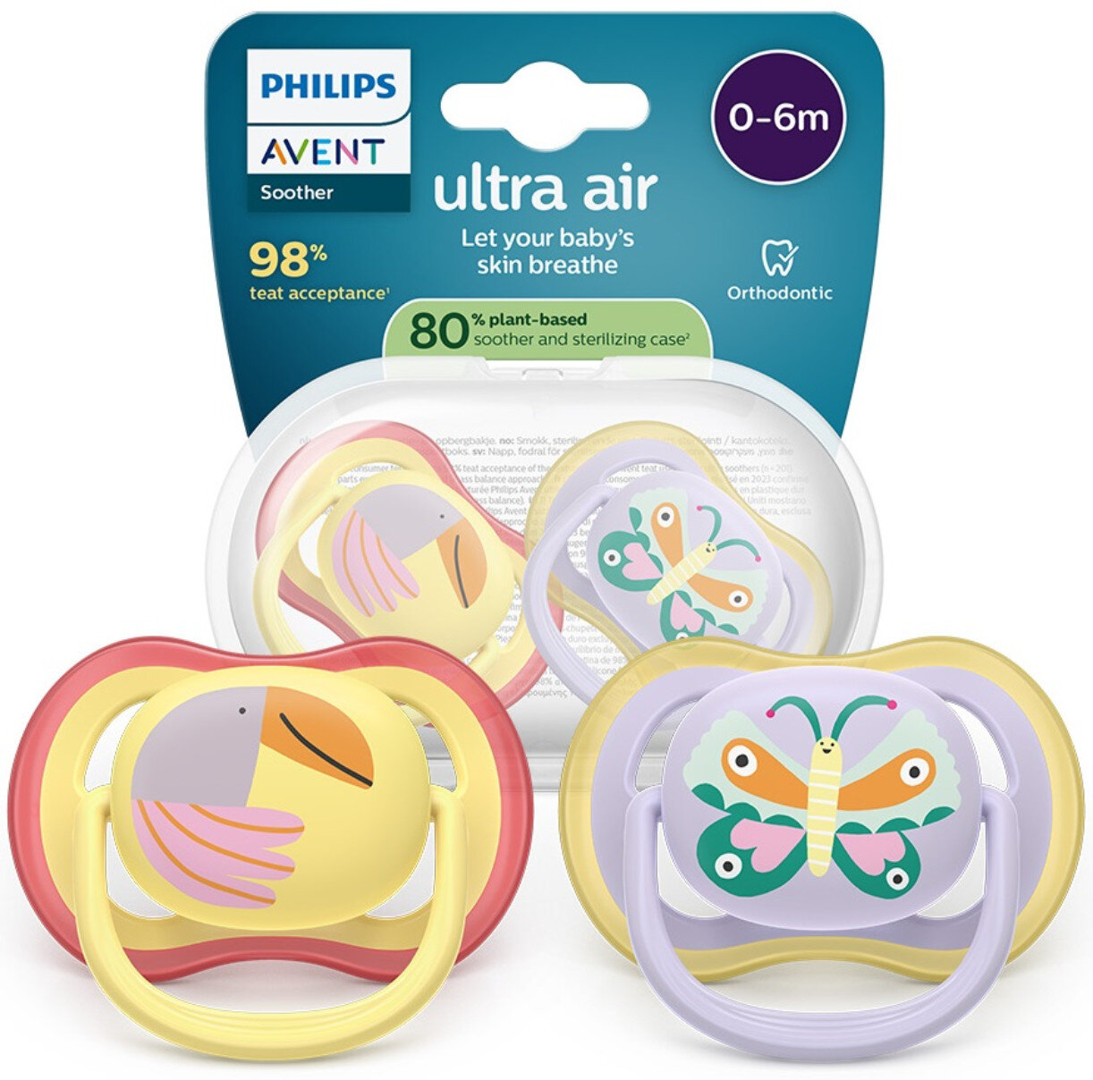 Пустышка Philips Avent Ultra Air SCF087/04 0-6 мес, желтый/фиолетовый, 2 шт