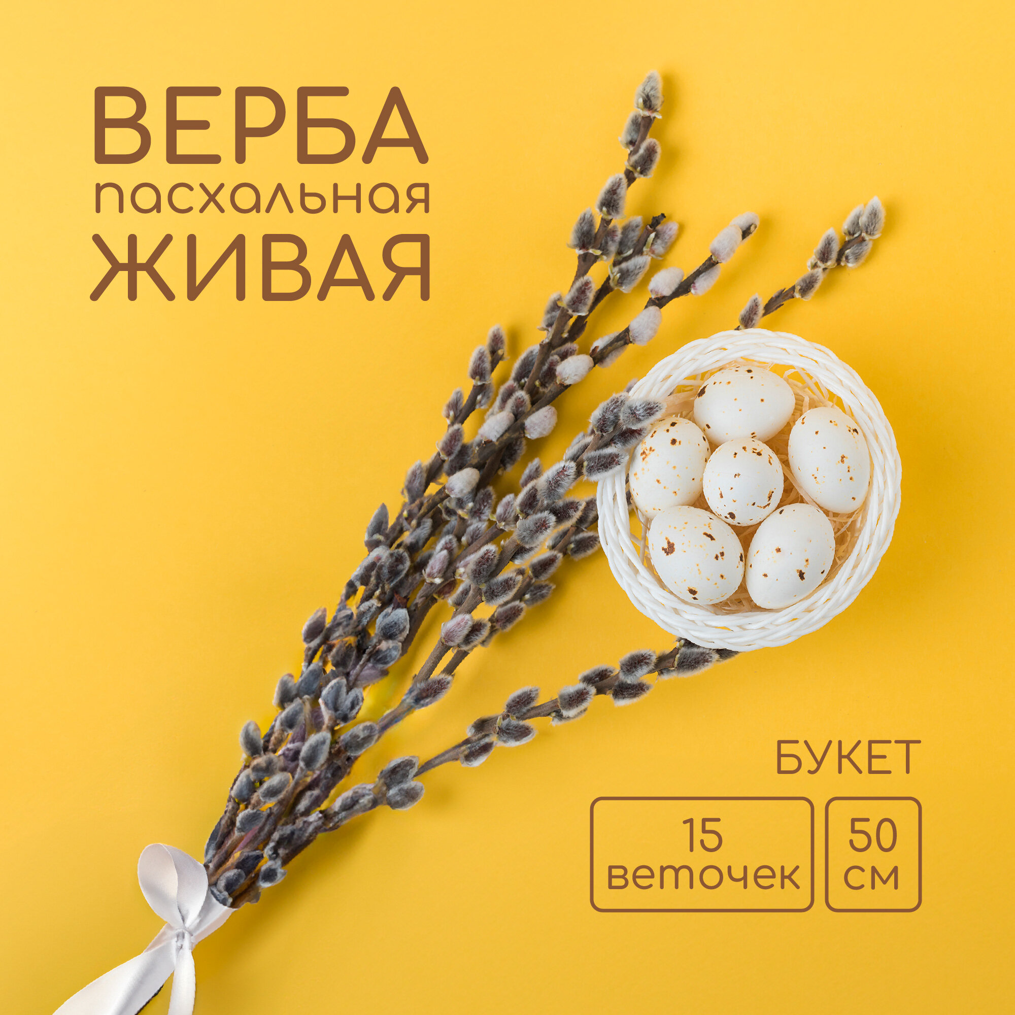 Букет живой вербы пасхальный 50 см, 15 веток, вербное воскресенье