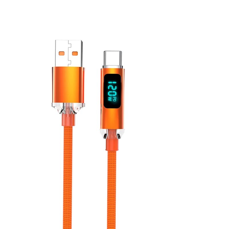 Кабель USB A to Type-C 120W 2м с дисплеем, оранжевый