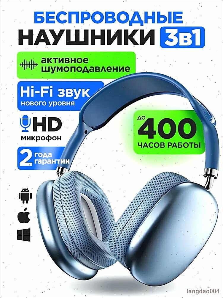 Наушники беспроводные с микрофоном, синий