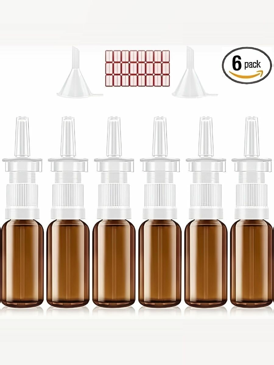 ACDANC Бутылка для спрея для носа, 6 шт. 30 мл/1 унция, стеклянные амбровые многоразовые распылители с мелким туманом, маленькие пустые распылители для носа с воронками и этикетками