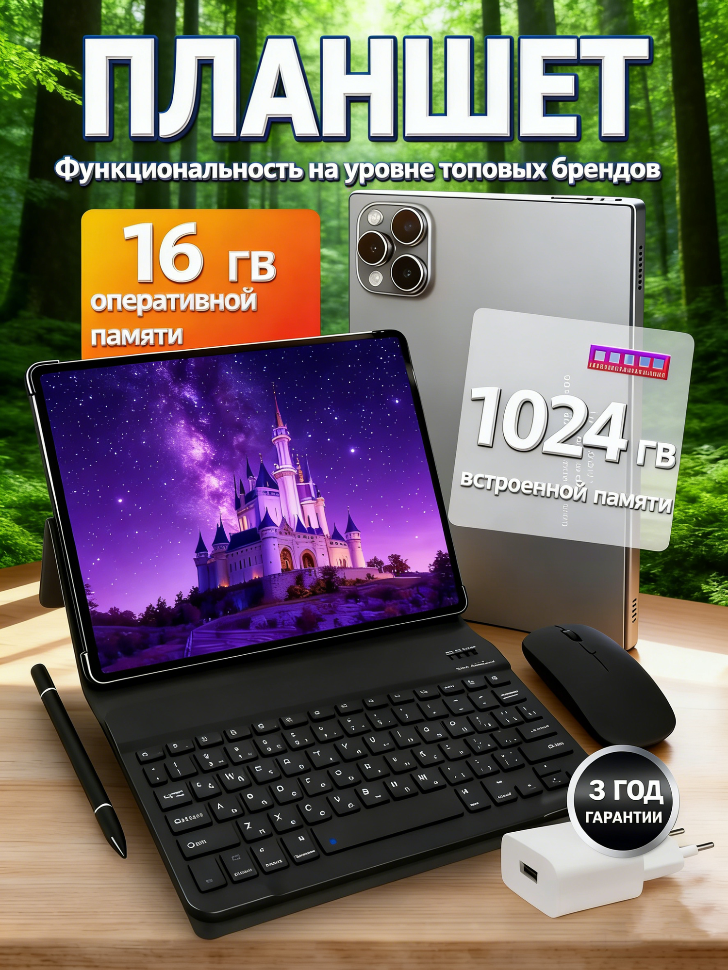 Новинка! Galaxy Pro12 планшет с клавиатурой и мышью, андроид15, 16+1024ГБ, 11.6" 2K, 8800мАч, мышка игровая