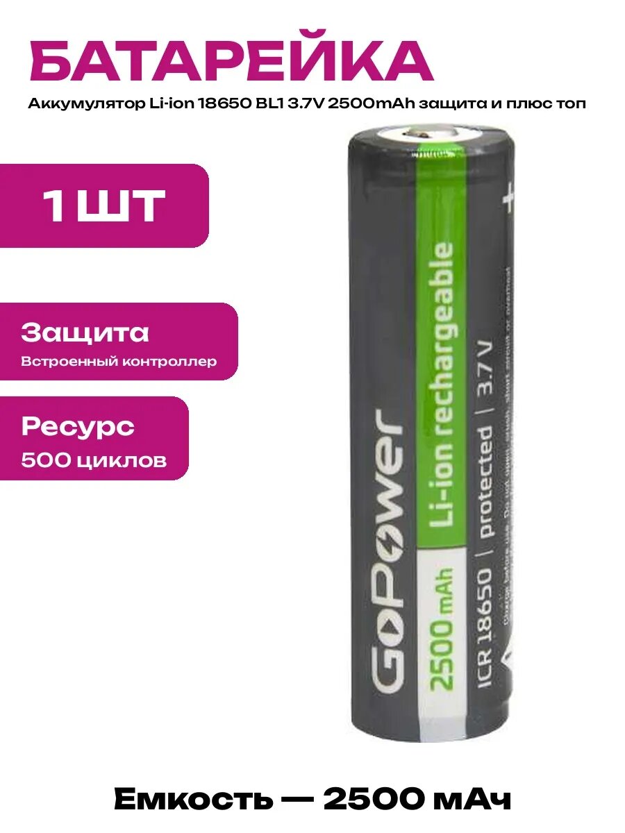 Аккумулятор Li-ion 18650 BL1 3.7V 2500mAh с защитой выпуклый