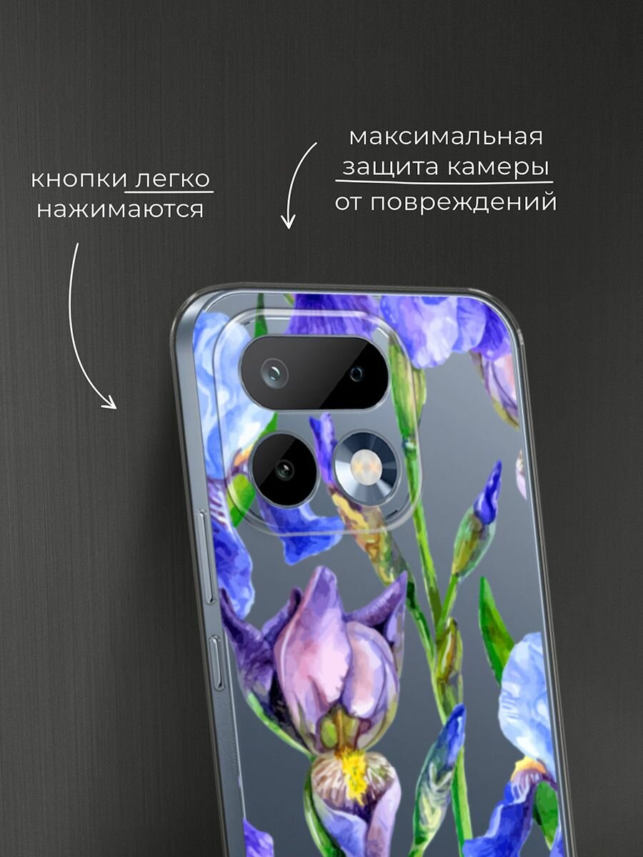 Чехол на Realme 16 Pro / Реалме 16 Про с принтом Синие ирисы, прозрачный — фото 1