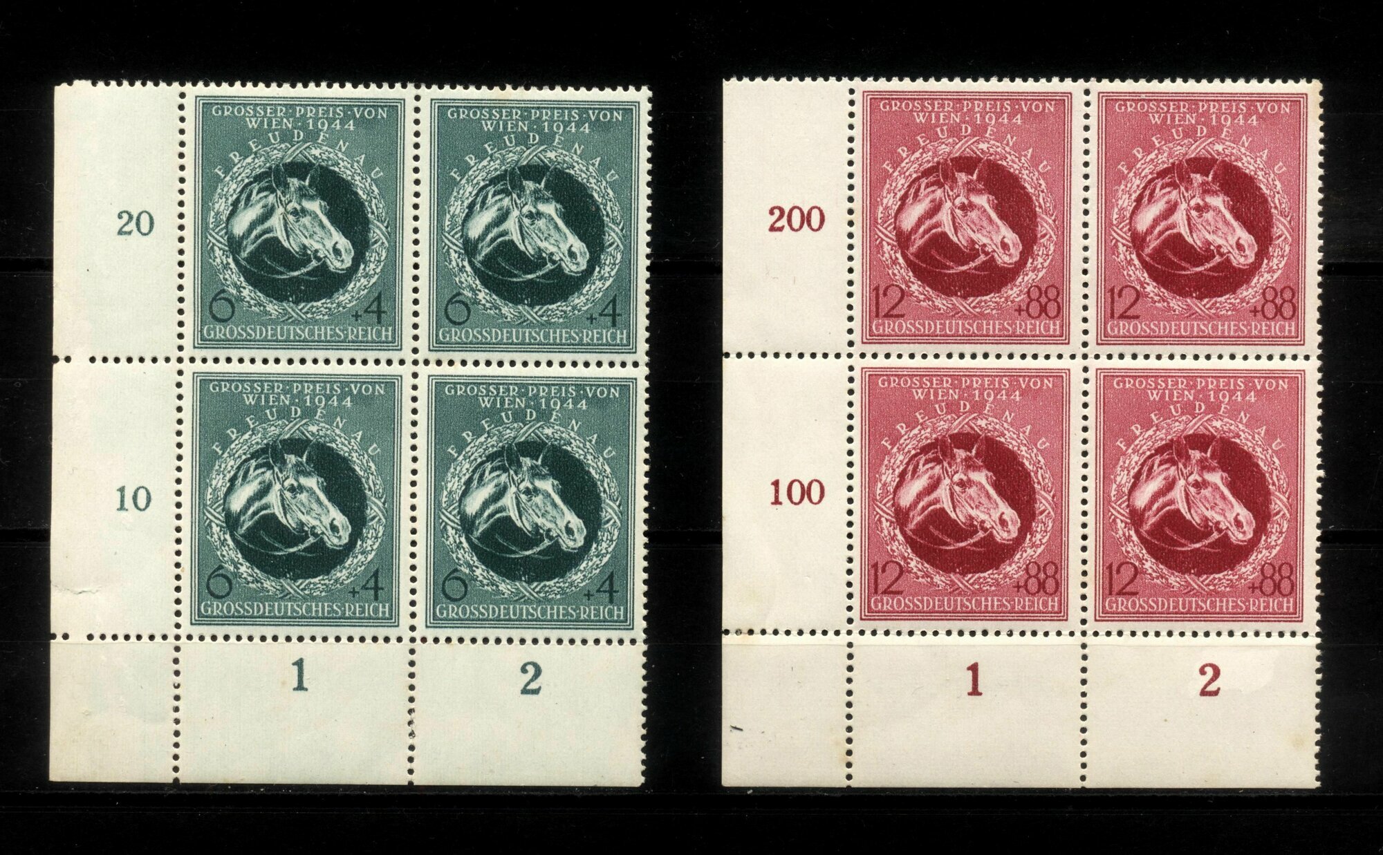 Марки Германии. 1944 г. 3 Рейх. "Венское дерби". Серия 2 марки в квартах, угол, номера плат