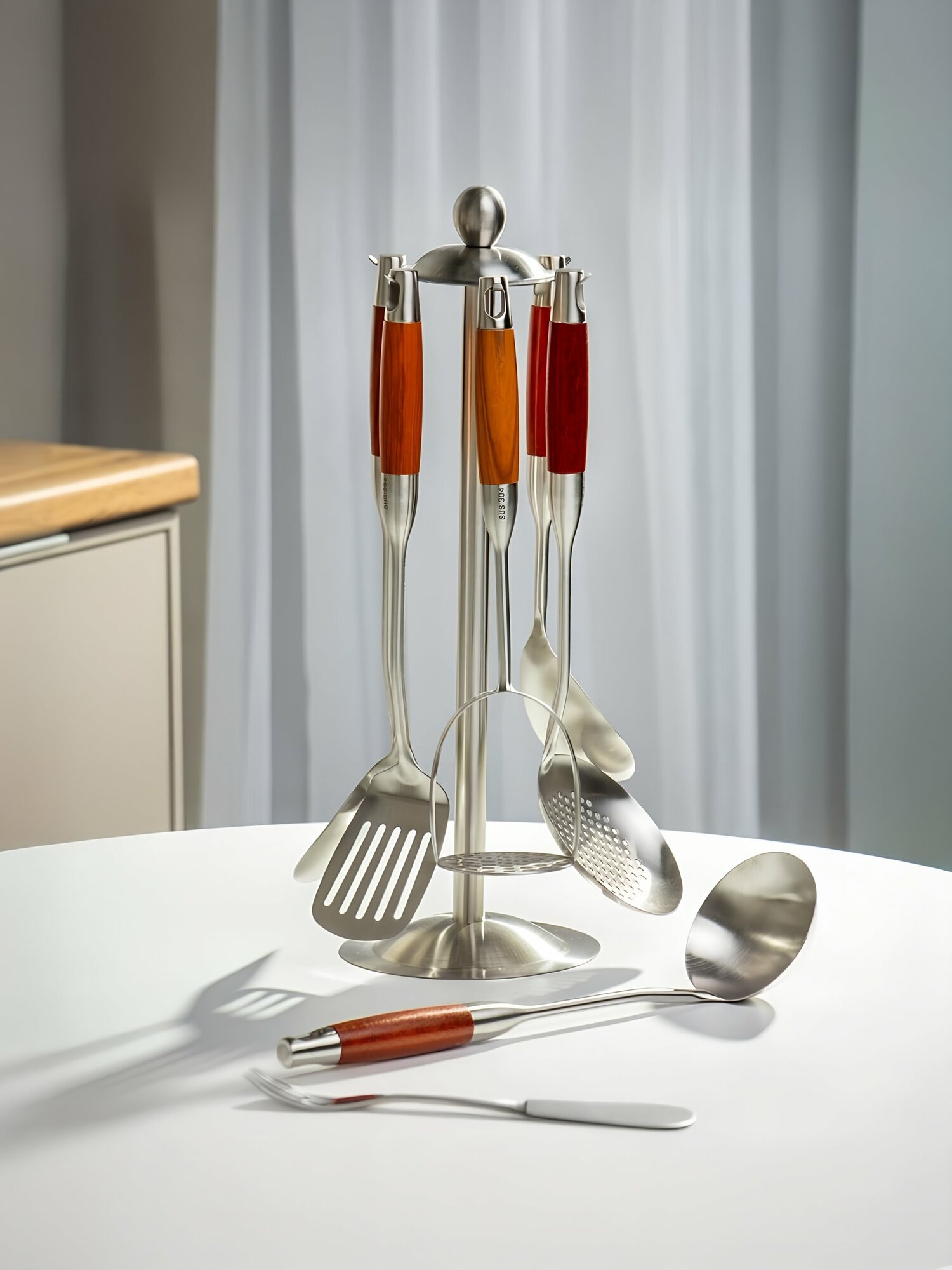 Набор кухонных принадлежностей 7 предметов, сталь, на подставке, Daniks, Premium, Y4-9602, ручка акация