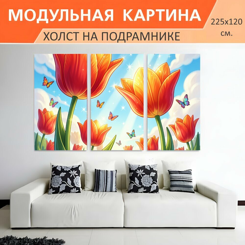 Модульная картина на холсте "Яркие тюльпаны и бабочки. Сказочный весенний сад с крупными алыми и оранжевыми бутонами, парящими." триптих на подрамнике 225х120 см. для интерьера