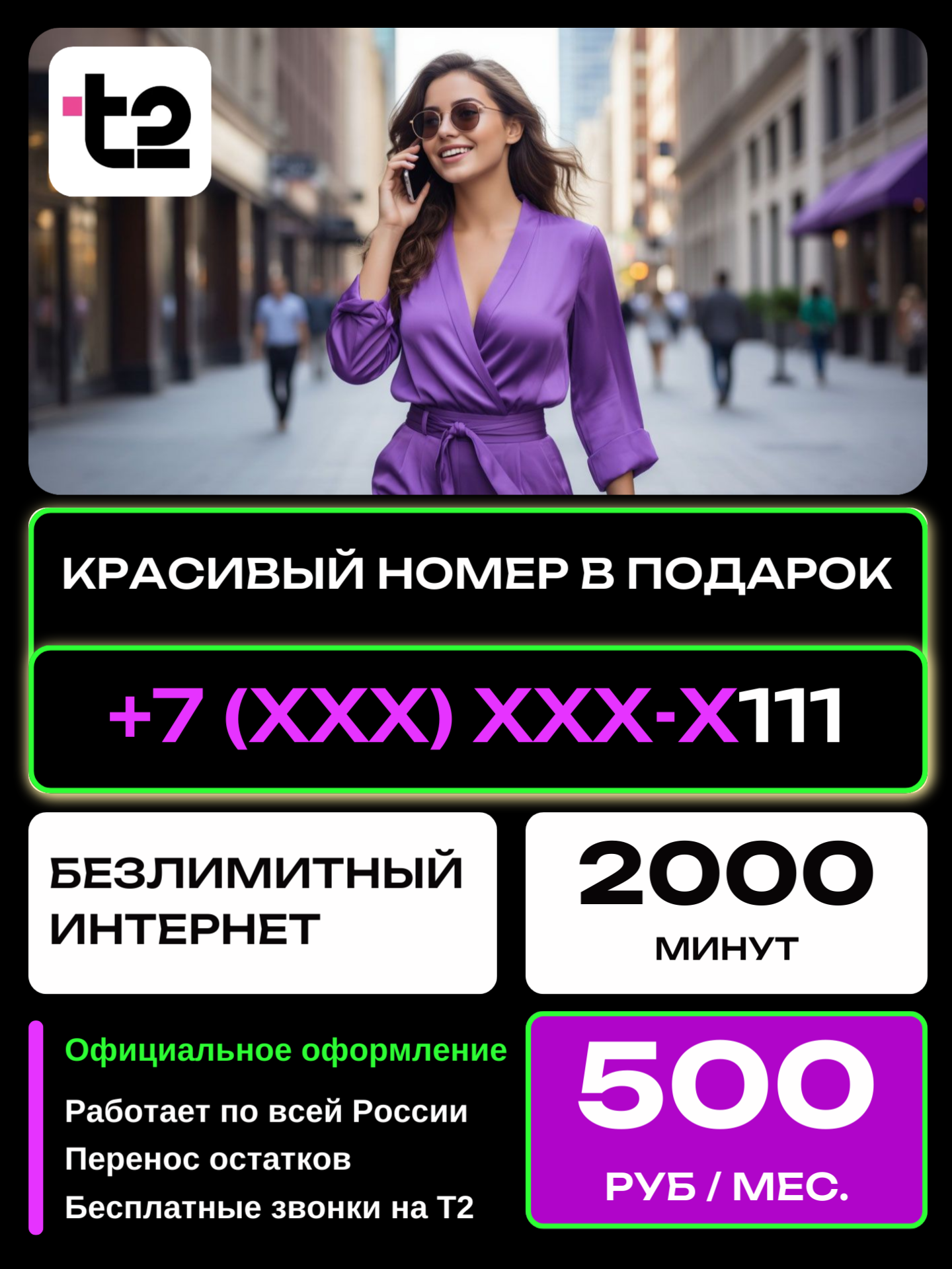 Сим карта. Красивый номер Теле2. Безлимитный интернет, 2000 минут.