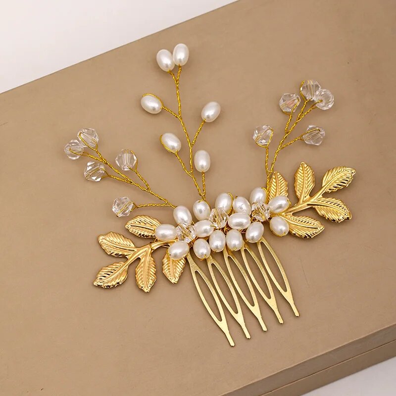 Свадебный гребень с жемчугом и стразами, металл 28