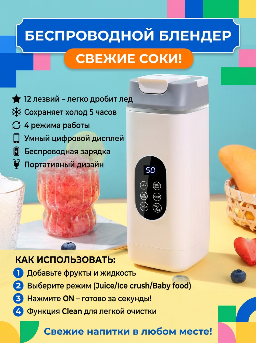 Универсальный портативный блендер-стакан для сока и дробления льда: USB-зарядка, для дома и активного отдыха