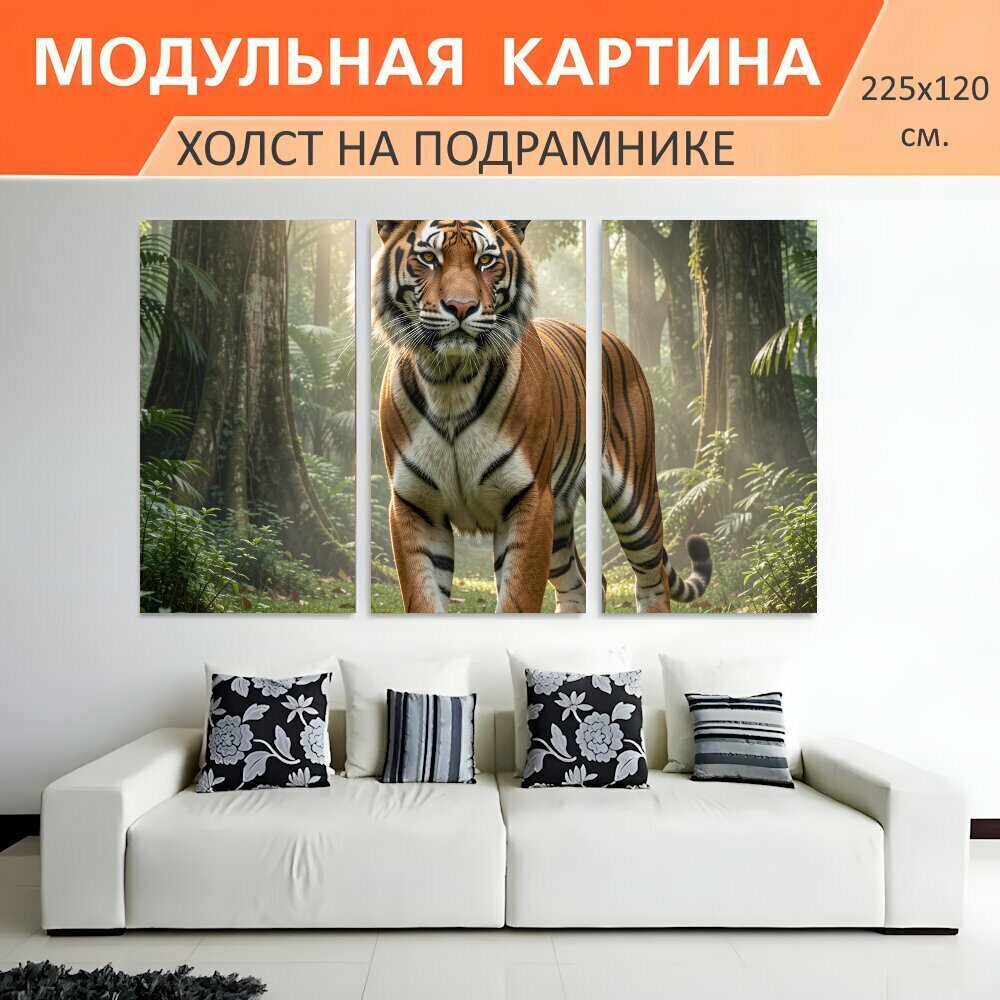 Модульная картина на холсте "Величественный тигр в полный рост, стоящий на фоне густого тропического леса в утреннем рассеянном." триптих на подрамнике 225х120 см. для интерьера