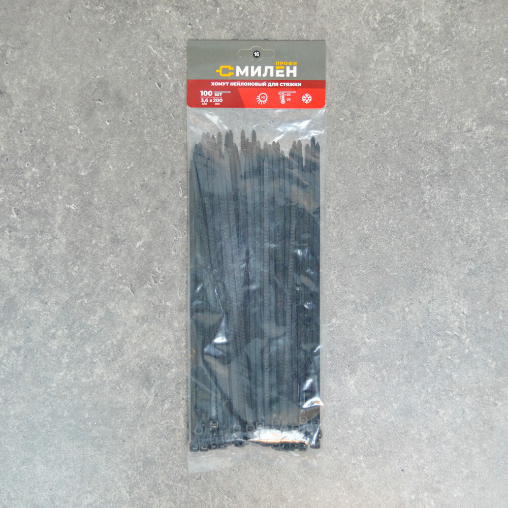 Хомут-стяжка нейлоновый 100 штук 3,6х200 мм, черный, "Милен", надежная фиксация и быстрый монтаж