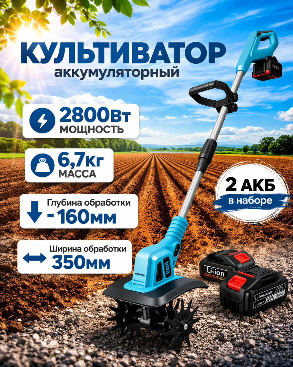 Культиватор аккумуляторный, для сада и огорода, защита от перегрева, 2000Вт