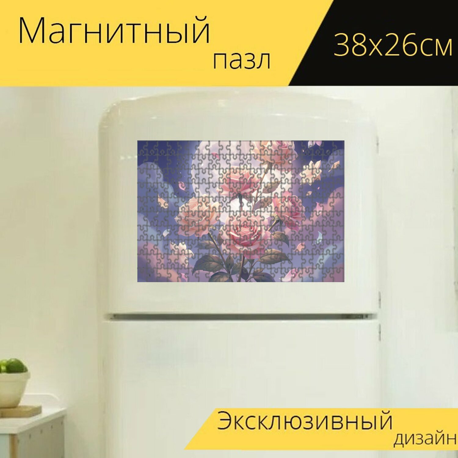 Магнитный пазл "Розы на фоне луны. Нежные цветы в мягких пастельных оттенках на фоне сияющего ночного светила и облаков. Сказочная цифровая иллюстрация с." для интерьера, 38х26 см.