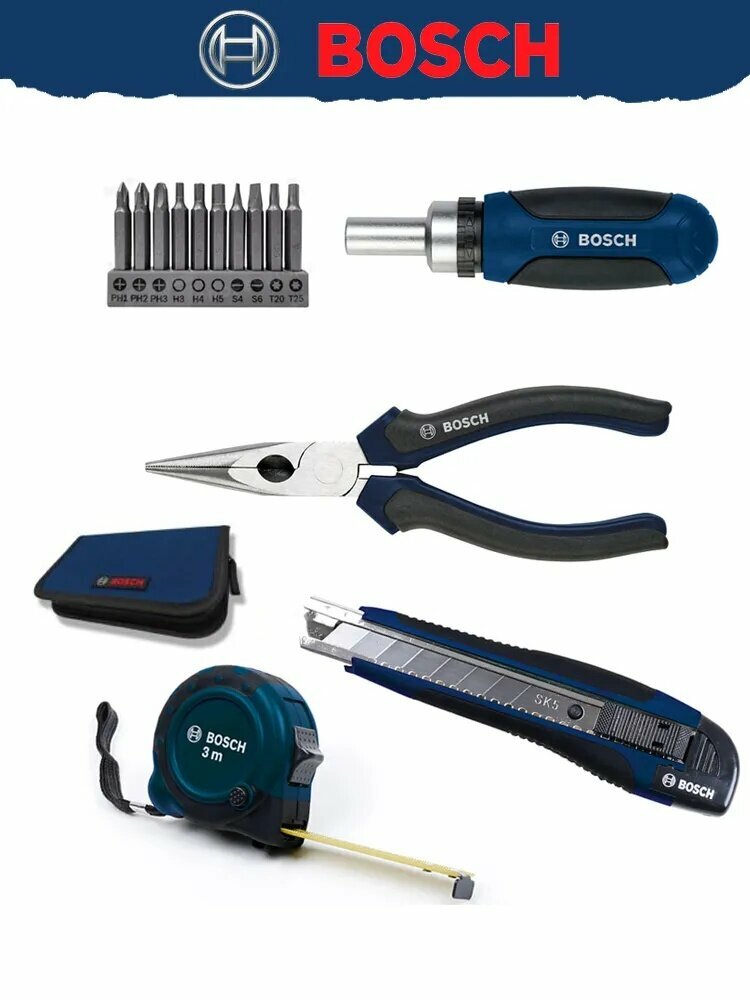 BOSCH 2607017521, Набор ручных инструментов отвертка, плоскогубцы, рулетка, нож, многофункциональный набор ручных инструментов для сборки мебели