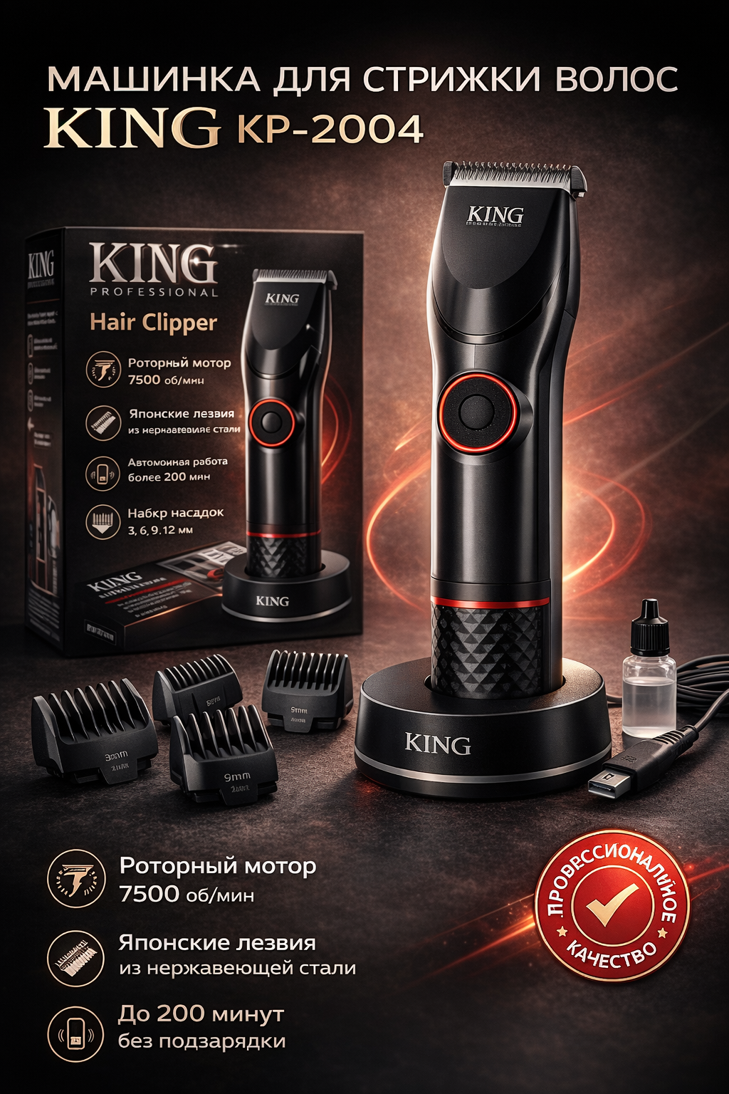 Машинка для стрижки волос King KP-2004 профессиональная беспроводная Prog Tech