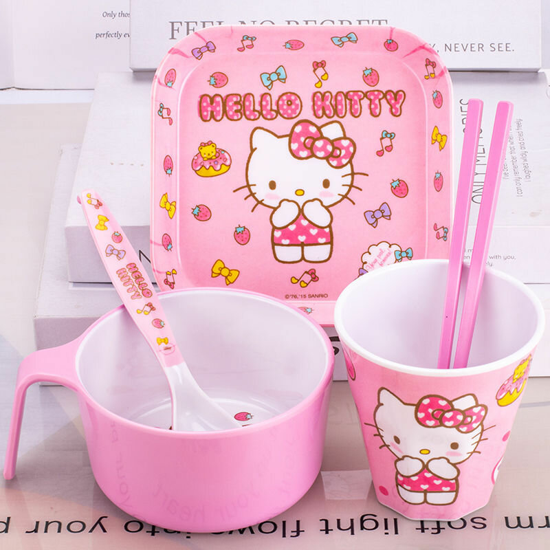 Миска для детей с мультяшным рисунком, посуда Hello Kitty, детская тарелка с защитой от падения, милая миска для еды, детская кружка для воды.
