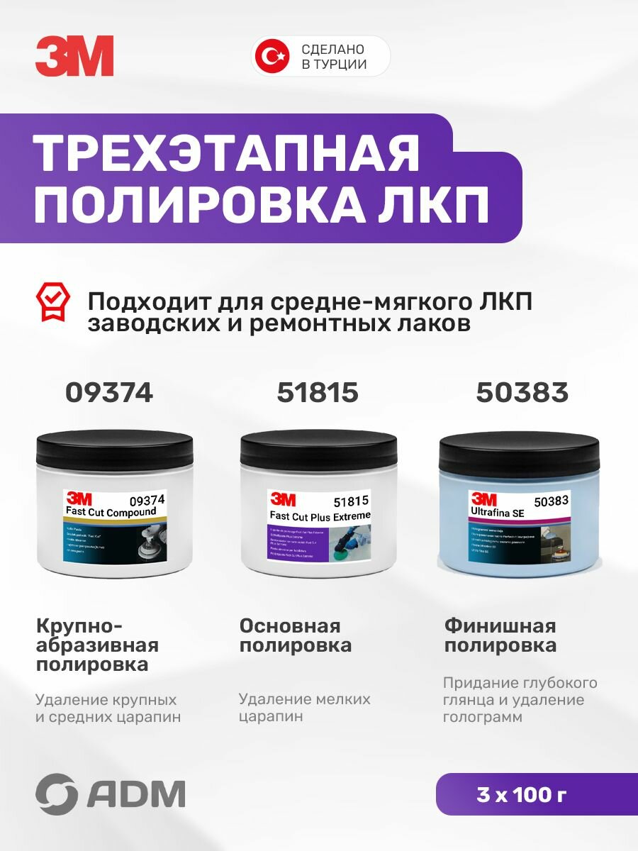 Набор полировальных паст 3М для автомобиля в 3 этапа: 09374 100г, 51815 100г, 50383 100г