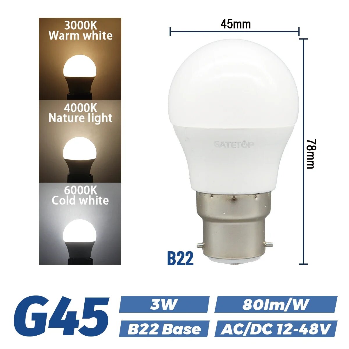 Светодиодная лампа Gatetop G45, 3W, 4000K, Natural light, B22
