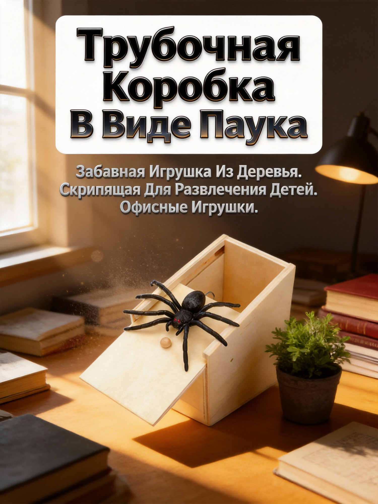 Трюковая коробка-пугалка с деревянным пауком, подарок-прикол для розыгрышей на вечеринках и в офисе