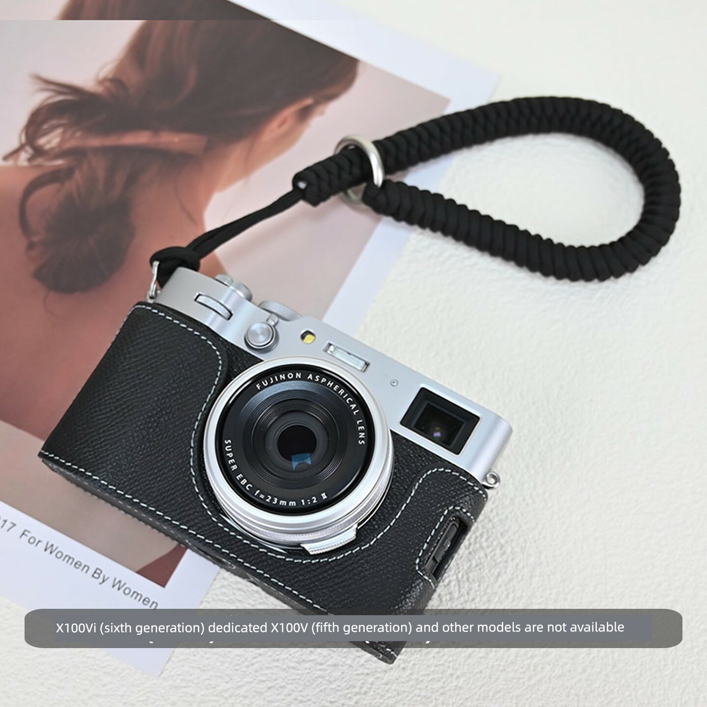 Кожаный чехол для камеры Fuji X100VI с плетеным ремешком, классический черный, узор ладони