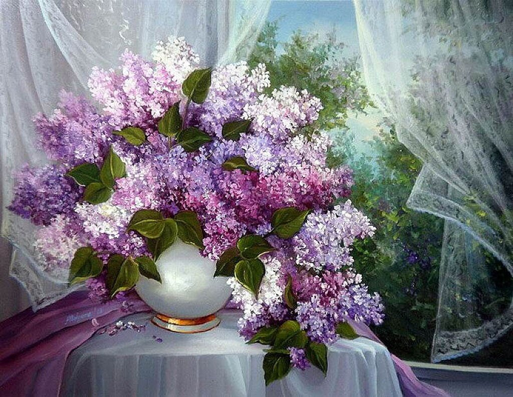 Алмазная мозаика "Сирень на окне". На подрамнике, 5D, 40x50 см