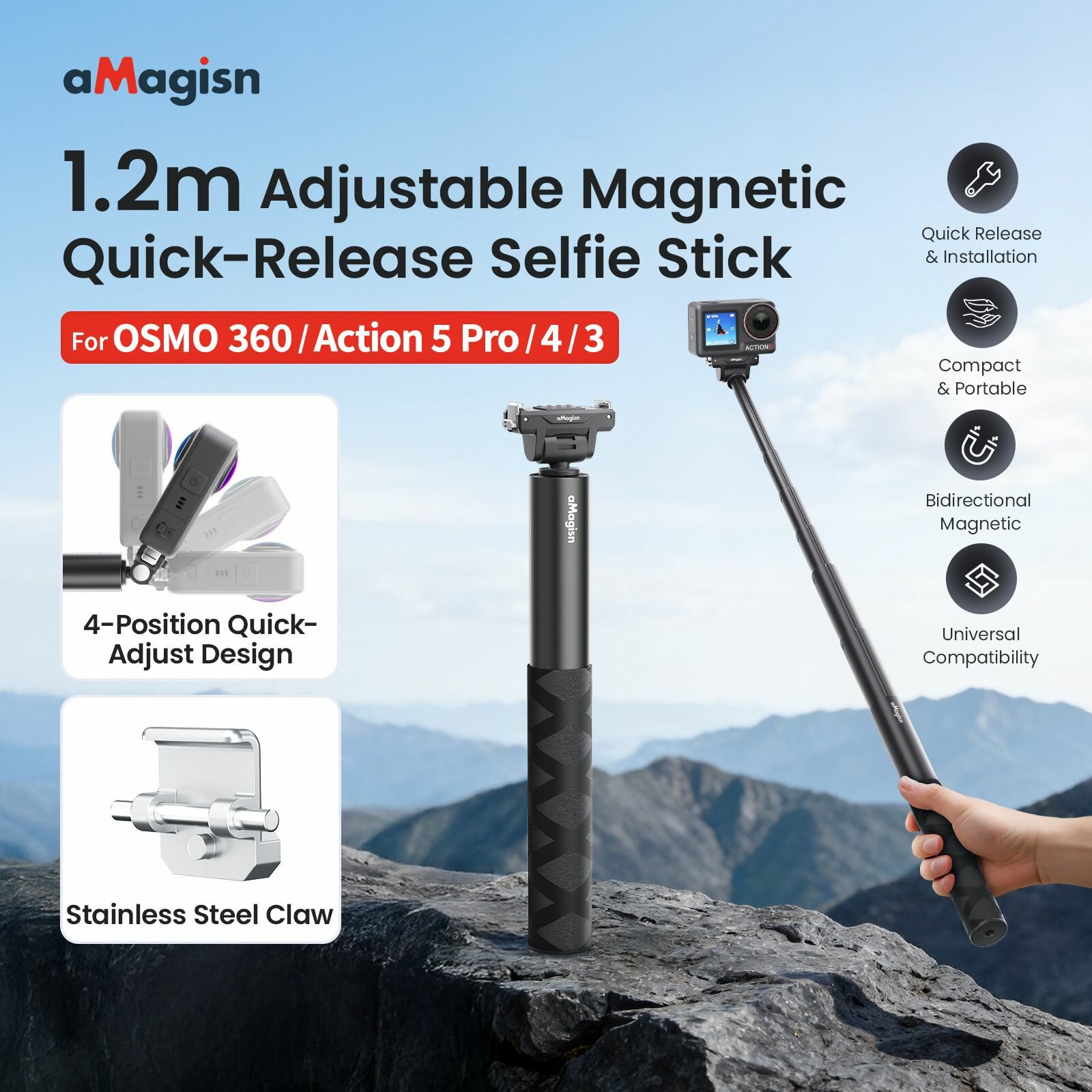 AMagisn для OSMO 360/ Action 5 Pro / 4 /3 120 см Быстросъемный аксессуар для селфи-палки