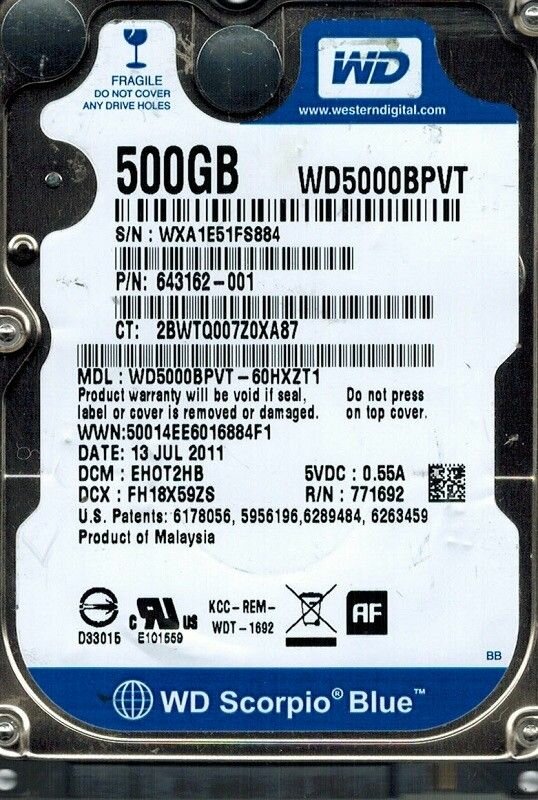 Внутренний жёсткий диск 2.5 HDD WD SCORPIO BLUE 500GB WD5000BPVT