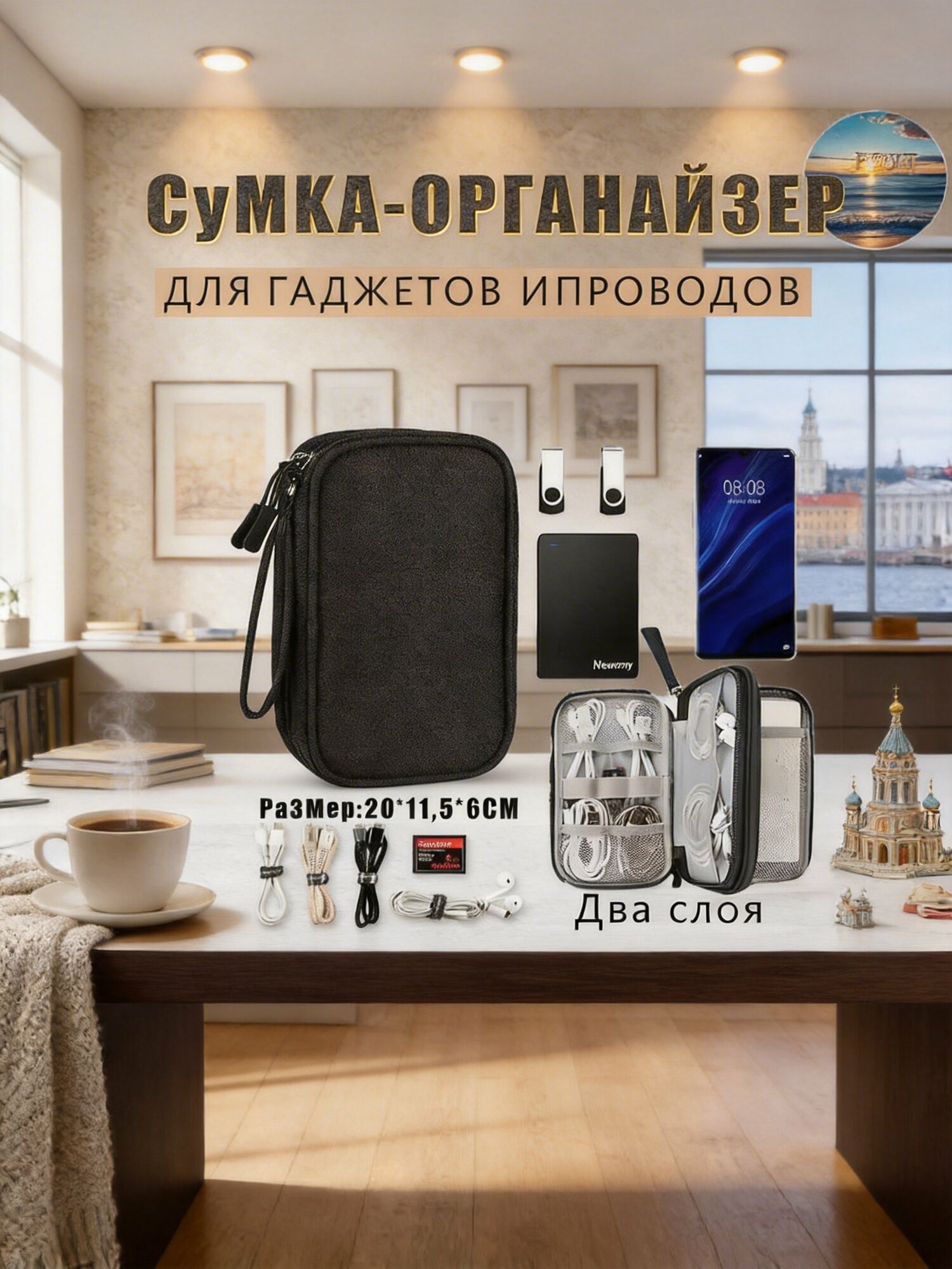 Lucky & Life Органайзер для проводов M, дорожный несессер для кабелей и аксессуаров ноутбука с двумя отделениями и ручкой-петлей, водоотталкивающий полиэстер