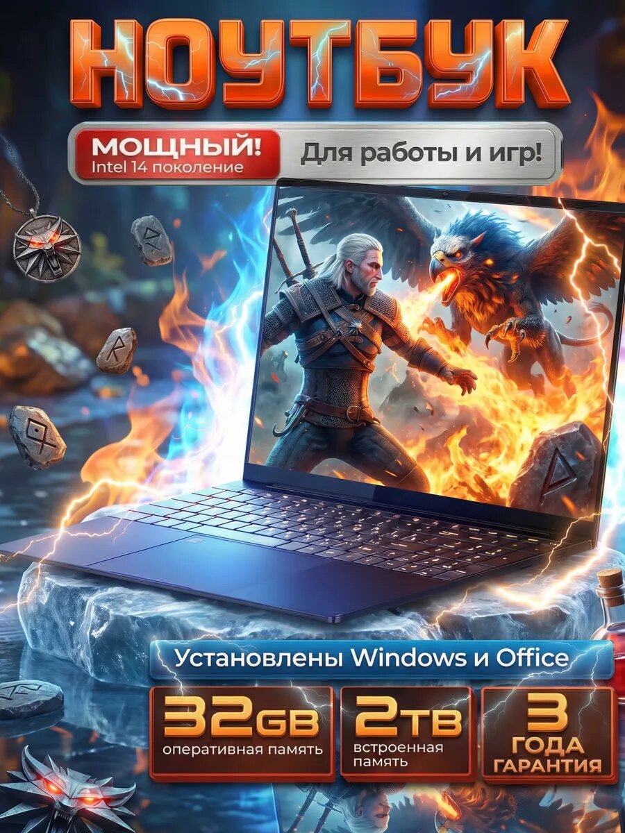 Ноутбук игровой 2026 Intel H-series, RAM 32GB, SSD 2048GB, IPS + Windows, Office