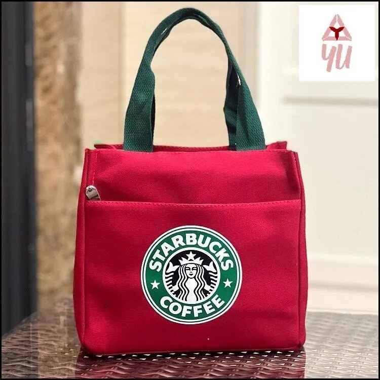 Термосумка красная с логотипом Starbucks, брезент, 26x15x24 см, с верхней ручкой и внешним карманом